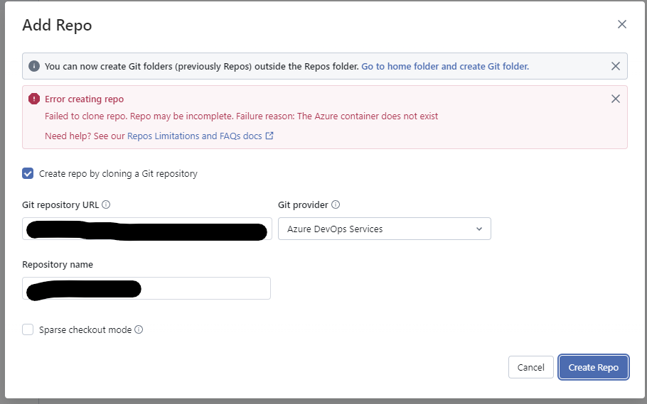 "Azure Container Does Not Exist" when cloning repo... - Databricks Community - 76485